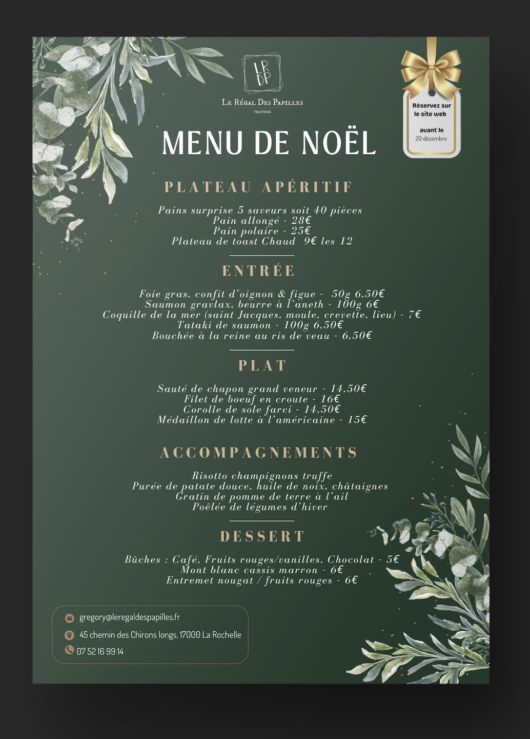 Menu de Noël Traiteur à La Rochelle - Le régal des papilles